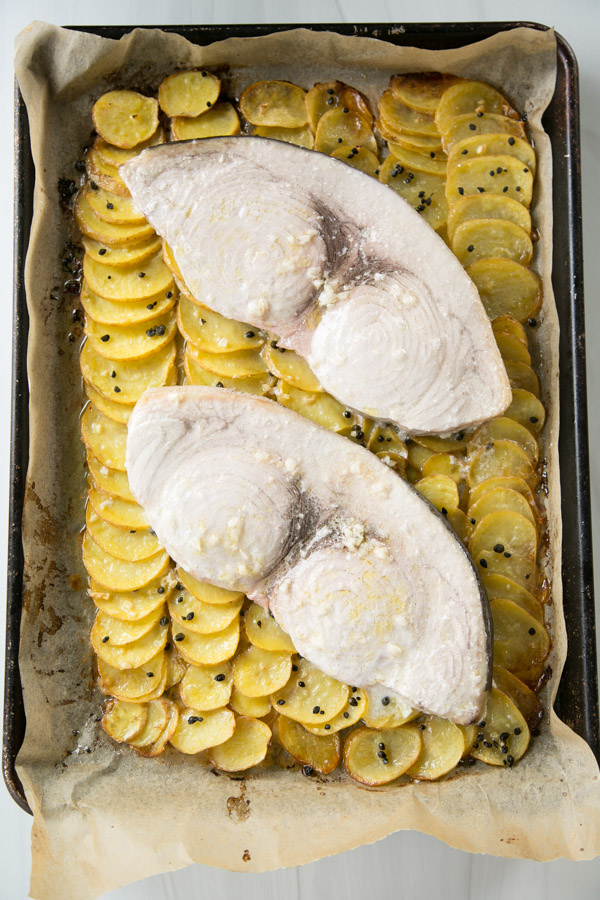 Foolproof Baked Swordfish Steaks with Greek Lemony Potatoes - Feed Me ...